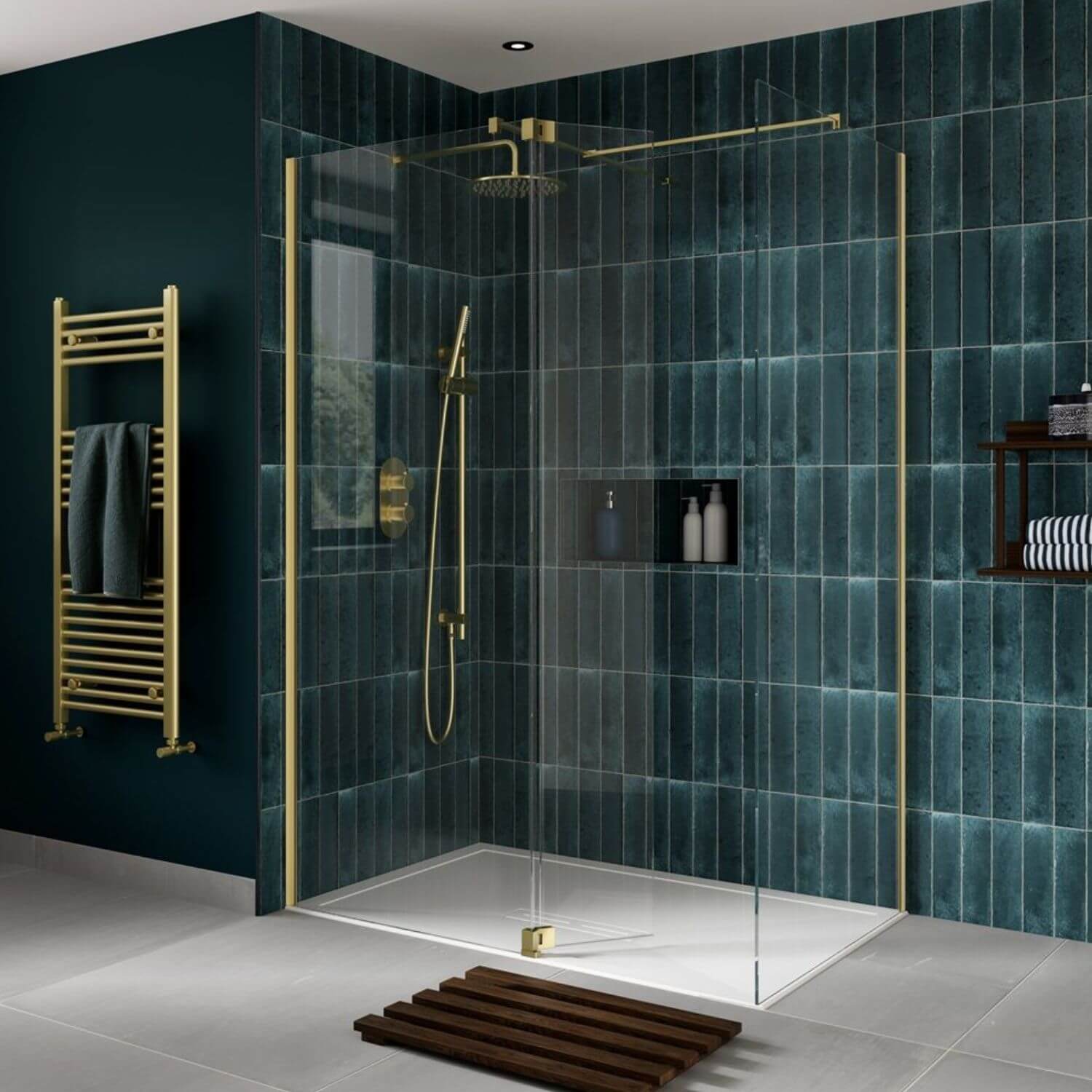 Lustre 8mm Brushed Brass 2000mm Walk-In Shower Screen with White Slate ...